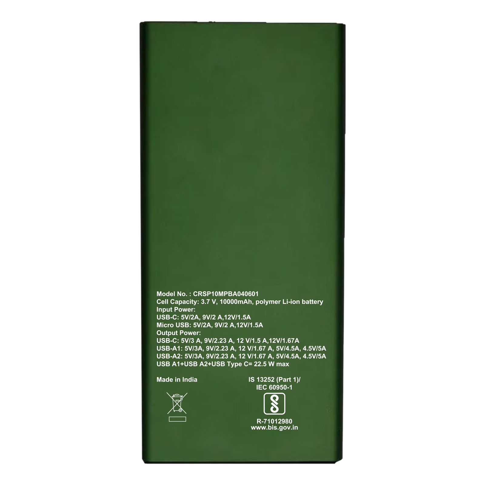 Buy Croma 10000 mAh 22.5W Fast Charging Power Bank 2 Type A 1 Type C Ports 1 PD Type C Micro USB Aluminium Casing Apple Compatible Green Online Croma